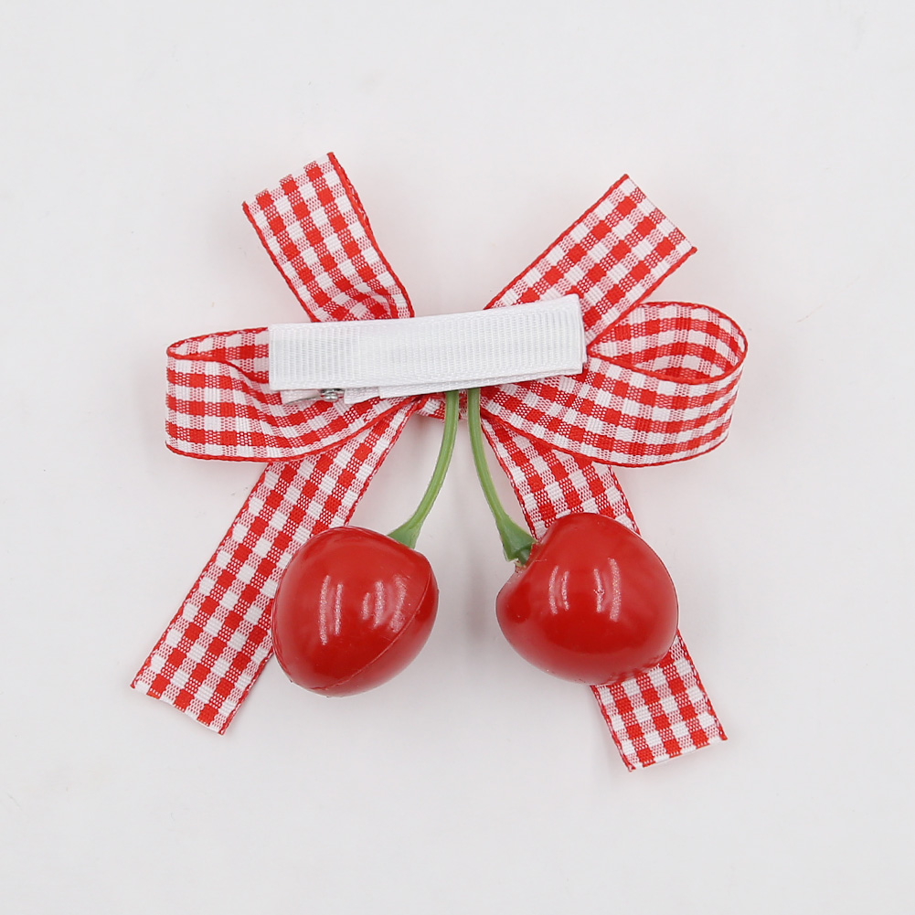 1pcs Spring Summer Girls Cherry Hair Clip Red Plaid Ribbon Dovetail Bow ...