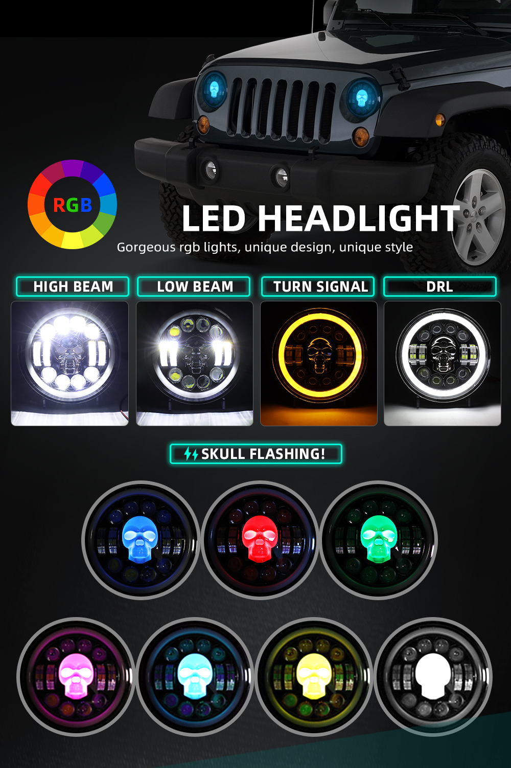 1/2PCS 7inch Round LED Headlight RGB Strobe Model High and Low Beams ...