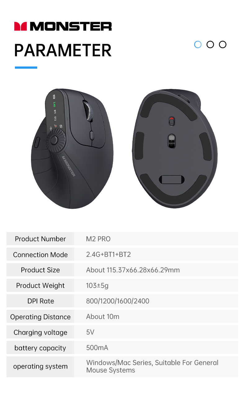 Monster M2 PRO Mouse Bluetooth Wireless Non Slip Ergonomic Design Light ...