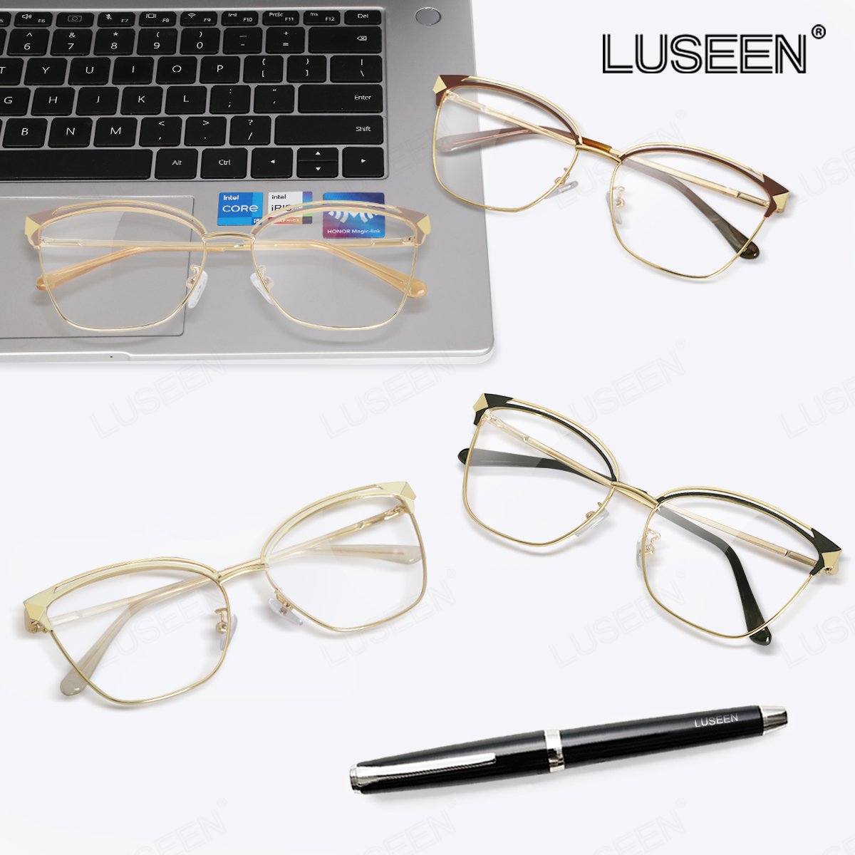 LUSEEN Anti Radiation Eye Glasses Photochromic Browline Glasses Cat Eye ...