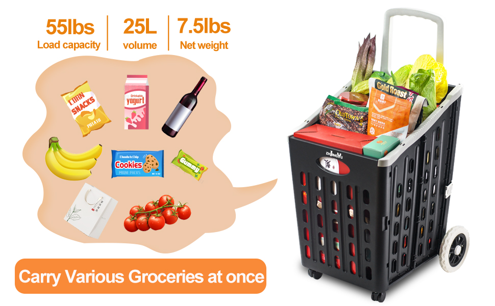 Portable Shopping Cart, Foldable Trolley, 4 Wheel Supermarket Shopping ...