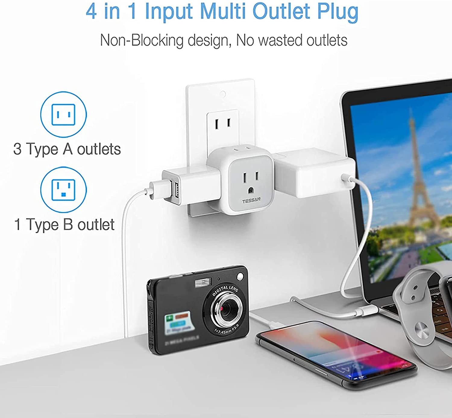 TESSAN Type A Travel Adapter with Multi 2 Pin Plug+USBC, for Japan ...