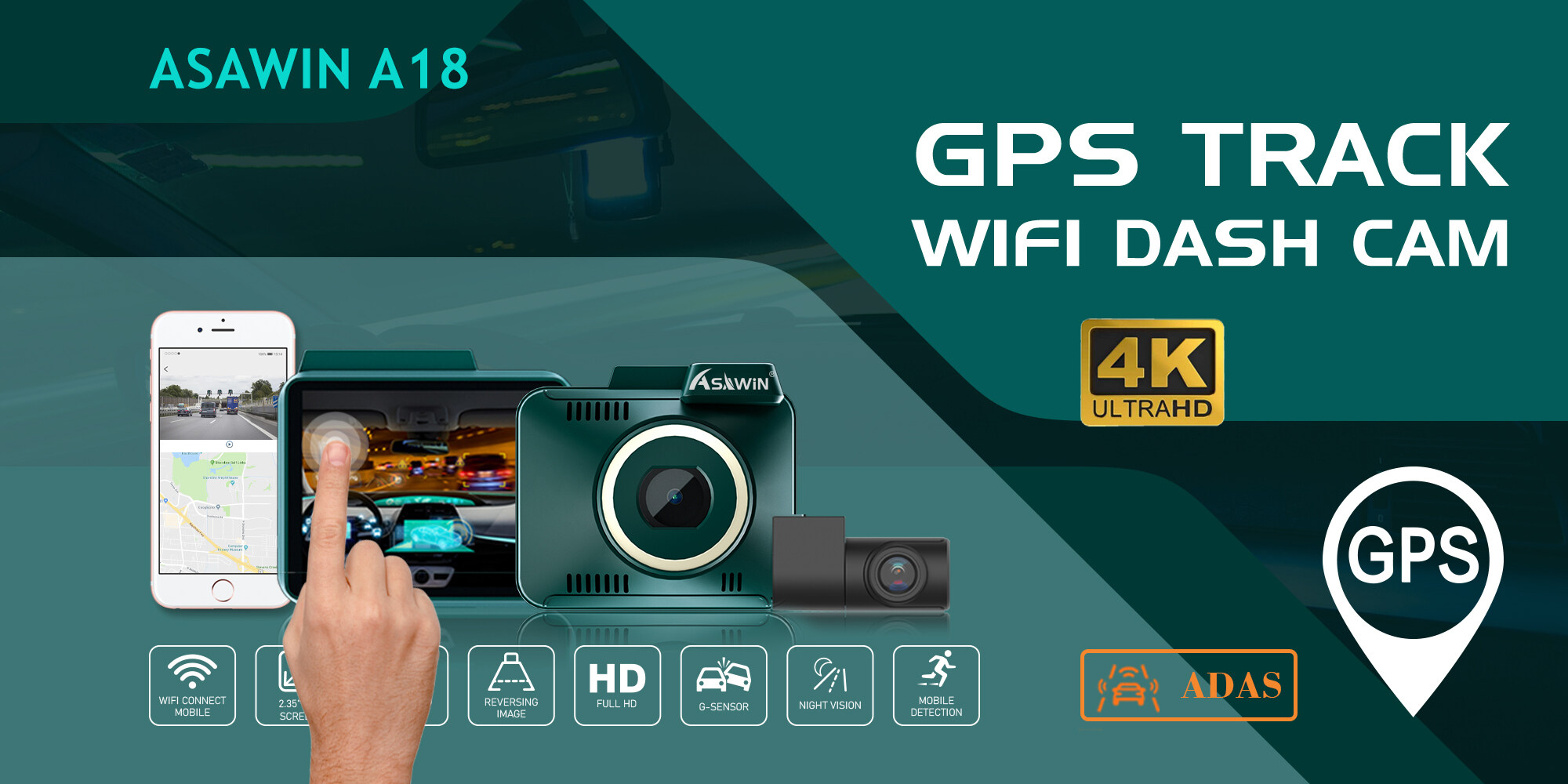 Asawin A18 4K ADAS Dash Cam Wifi Gps Front And Rear Car Camera 2.35 ...