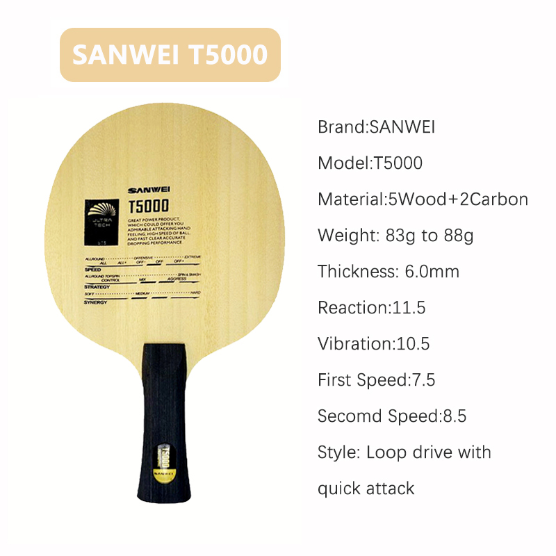 Original SANWEI T5000 CARBON Table Tennis Racket Blade (5+2 Carbon)+RXTON 1 Rubber(Black+Red ...