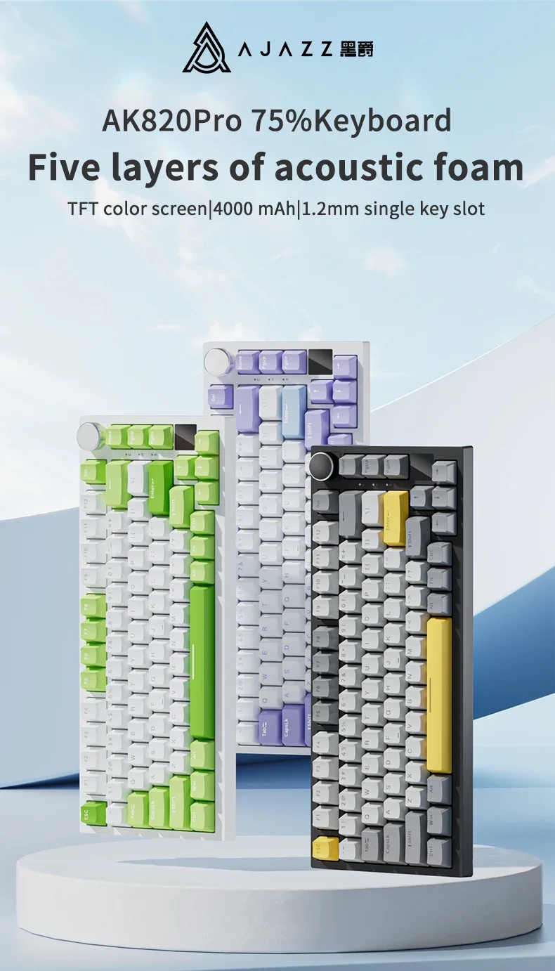 Ajazz AK820 Pro 75% Gasket-mounted Bluetooth 5.1/2.4G Wireless & Type-C Wired Mechanical ...