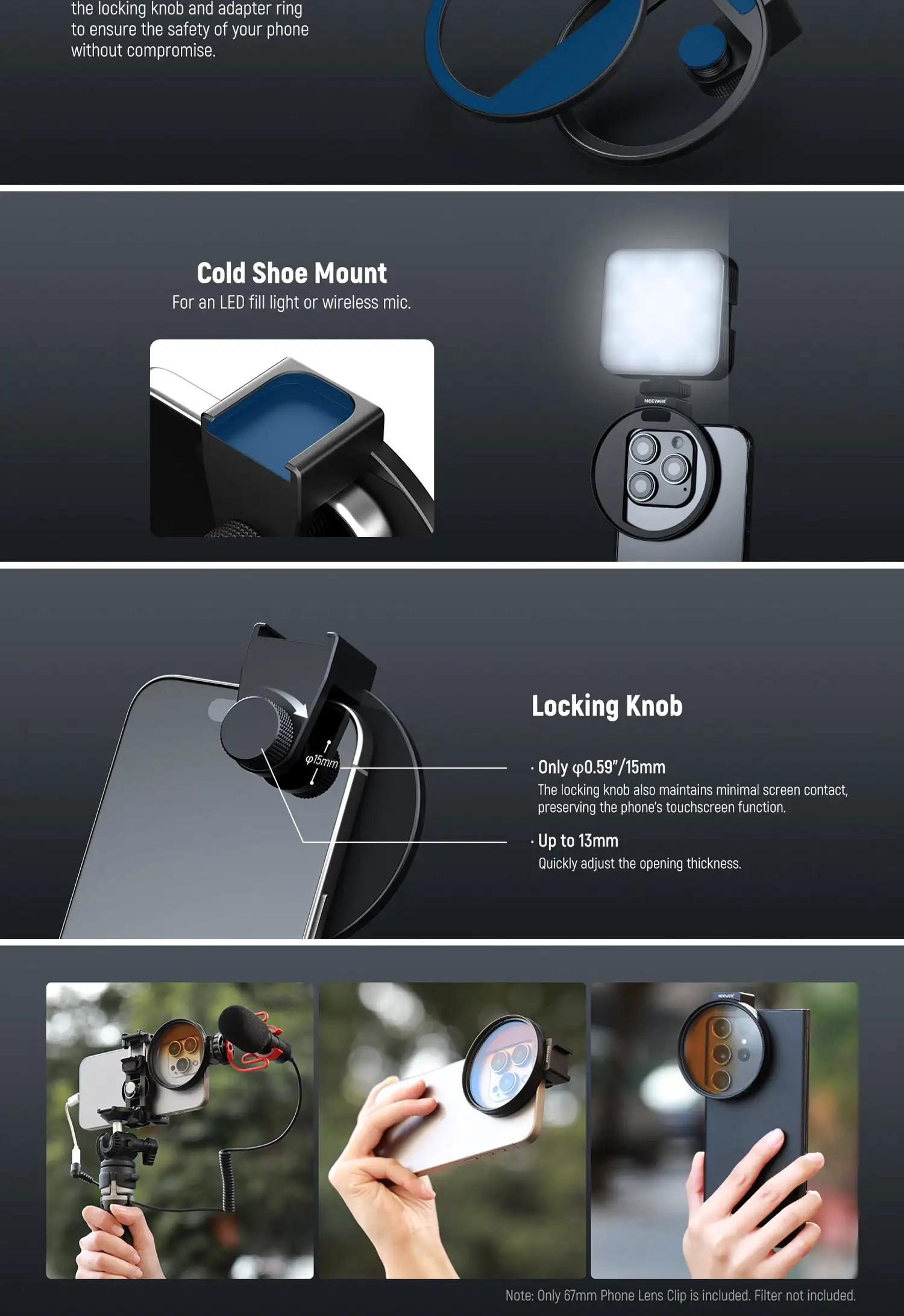 NEEWER LA006 Upgraded 67mm Phone Filter Mount w Top Cold Shoe Mount ...