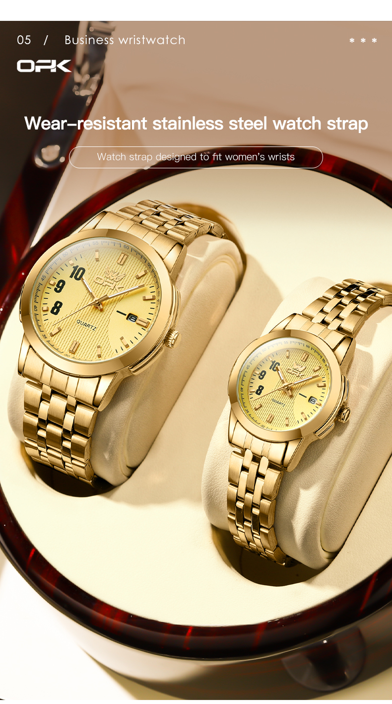 Opk Couple Watch Waterproof Stainless Steel Gold Calendar 6021 | Shopee ...