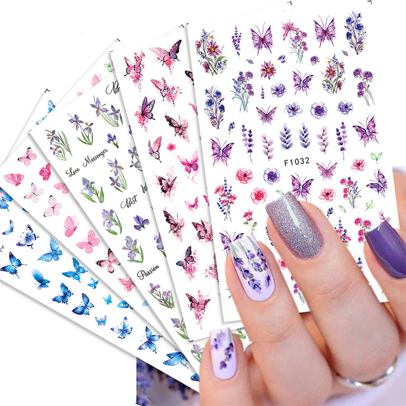 Vintage Dark Rose Blue Butterfly Nail Decal 3D Adhesive Sticker Flowers ...