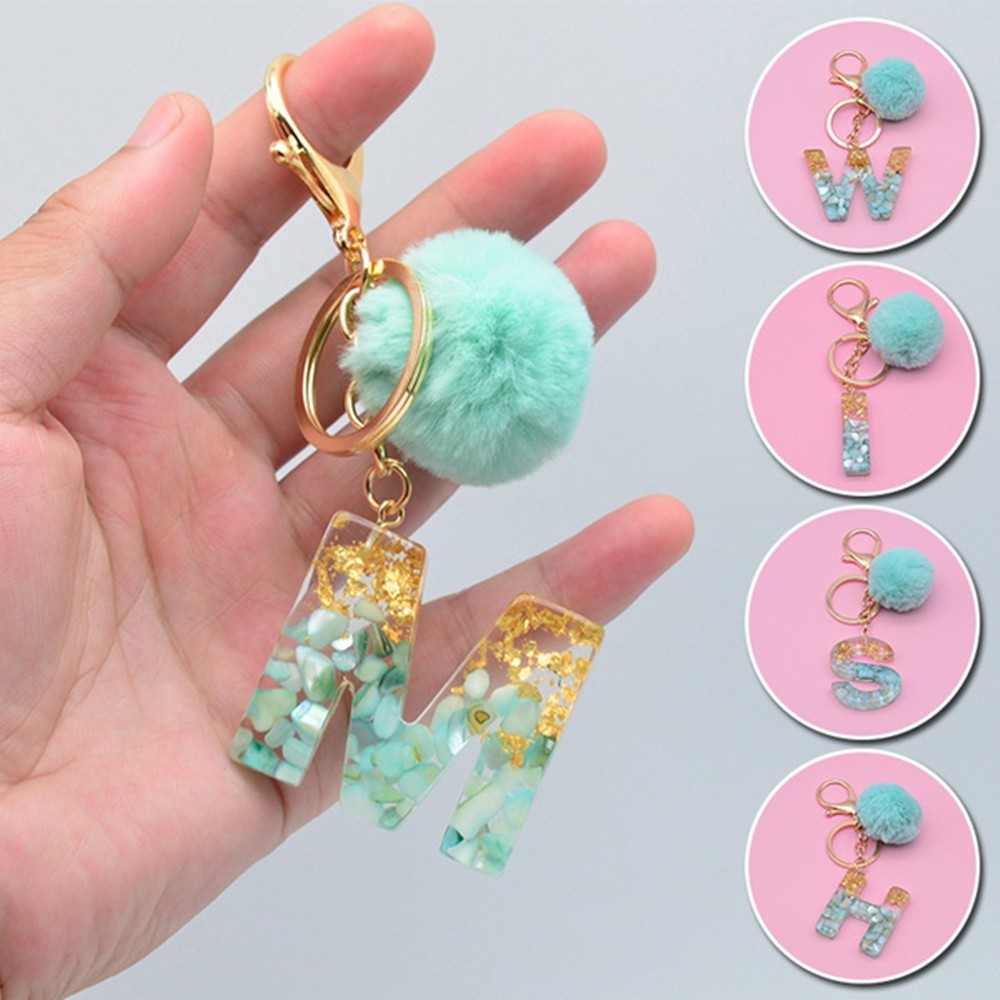 Letter resin keychain, green cute plush ball pendant women's bag ...