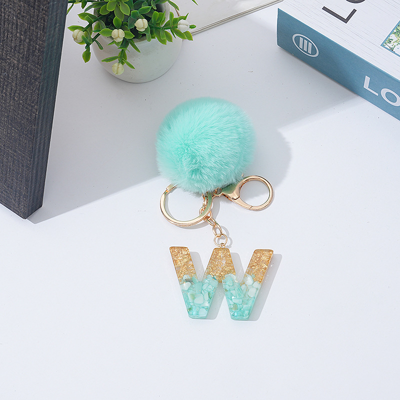 Letter resin keychain, green cute plush ball pendant women's bag ...