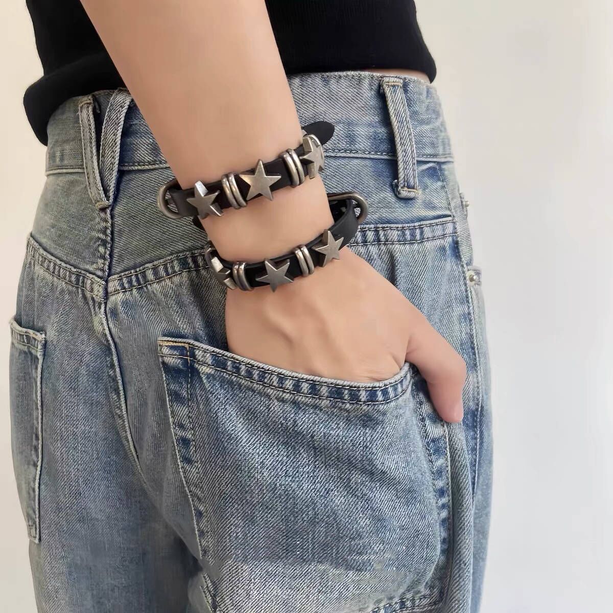 1pc Cool Exquisite Star Punk Simple Alloy Leather Silver Black Bracelet ...