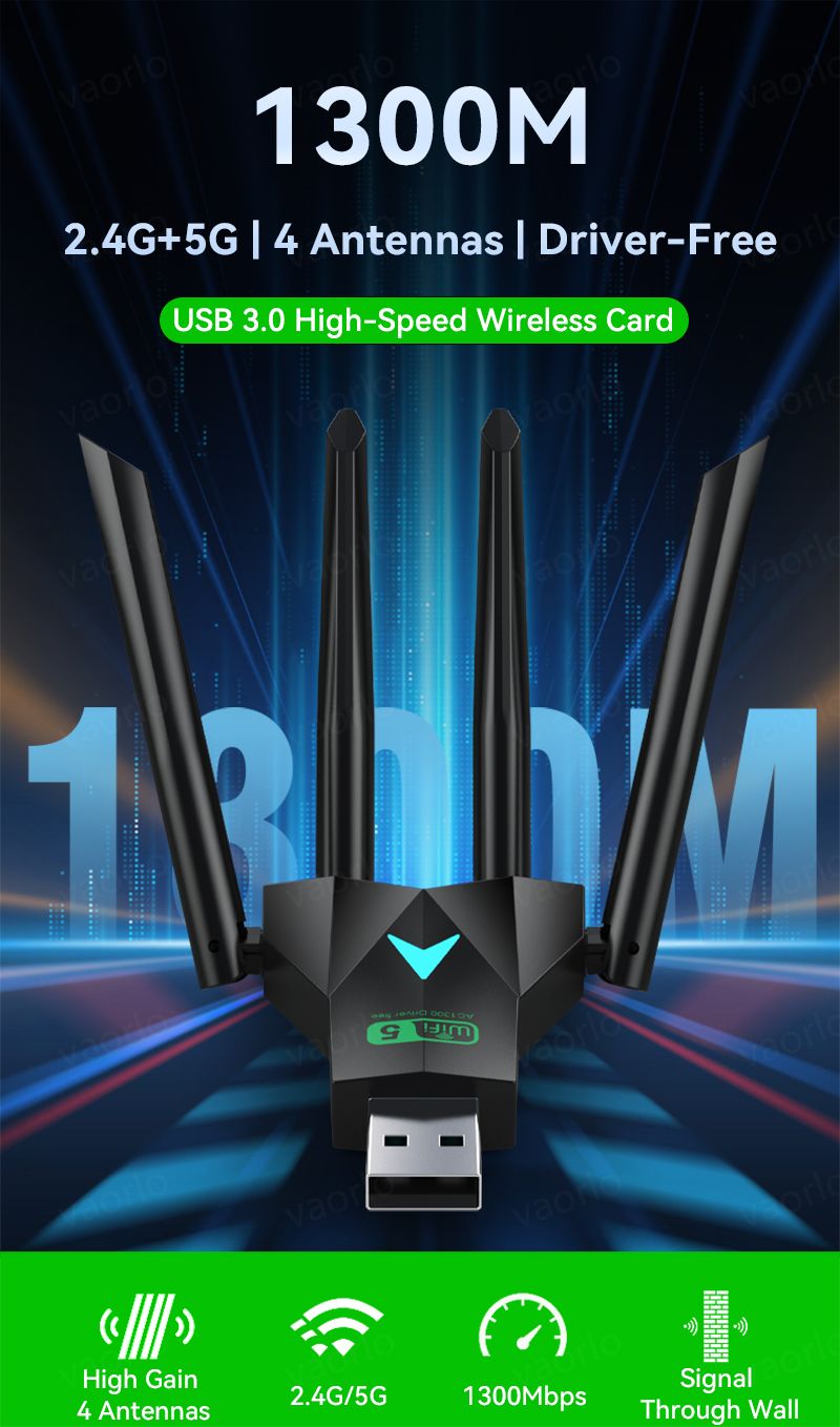 1300Mbps WiFi USB Adapter Dual Band 2.4G+5.8G Driver-free 4 Antennas ...