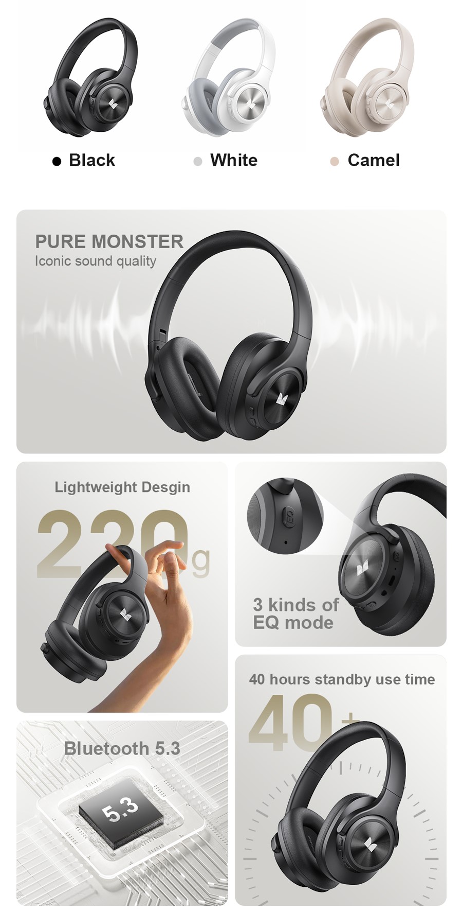 Monster MISSION 200 Bluetooth Headphone Wireless Headphone Gaming Low Latency Music Noise ...