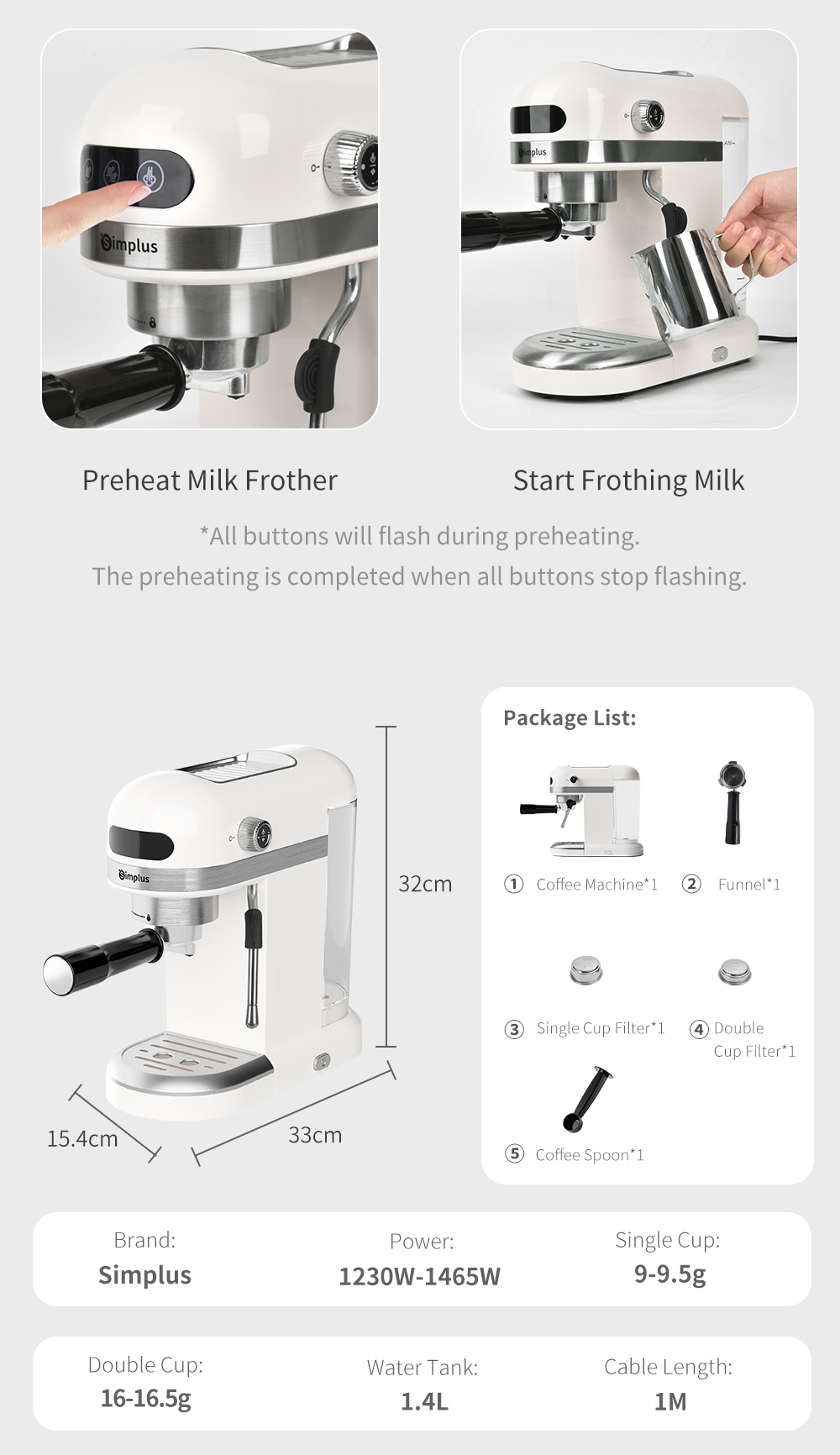 Simplus Espresso Coffee Maker Machine With Milk Frother Wand Coffee ...