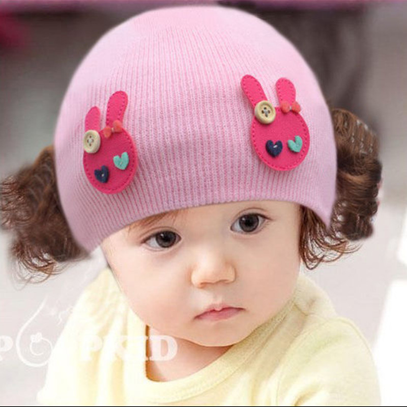 Baby Hat Knit Earmuffs for Baby Girls Caps With Wig Love Heart Bonnet ...