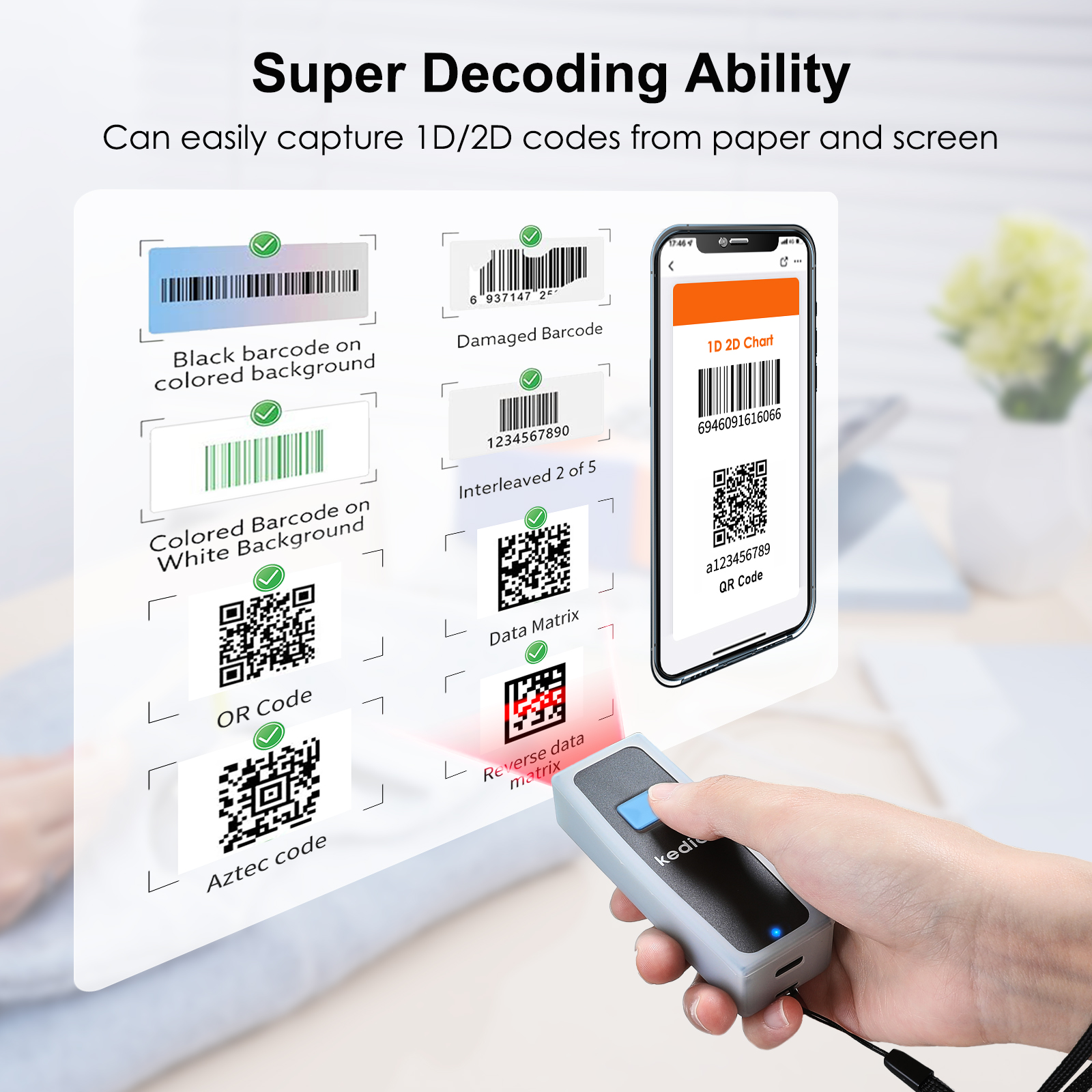 Kedida 2.4G Wireless 1D 2D Barcode Scanner 3-in-1 Via Bluetooth Mini QR ...