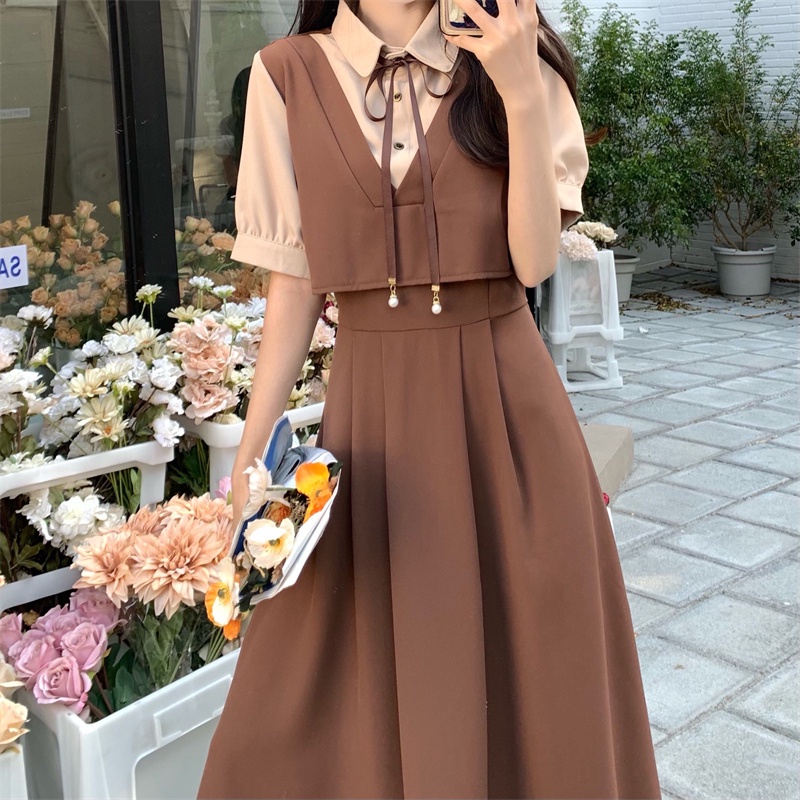 Papinas Korean vintage Suit High Waist Stitching fake Two-Piece Dress Women's Summer Preppy ...