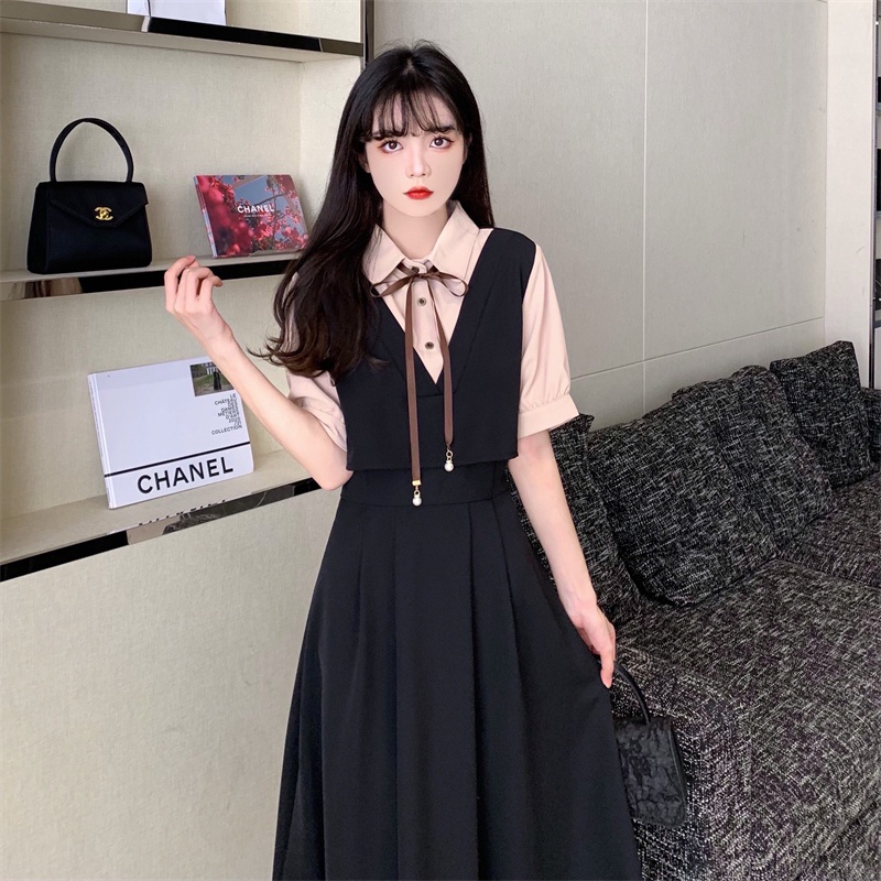 Papinas Korean vintage Suit High Waist Stitching fake Two-Piece Dress Women's Summer Preppy ...