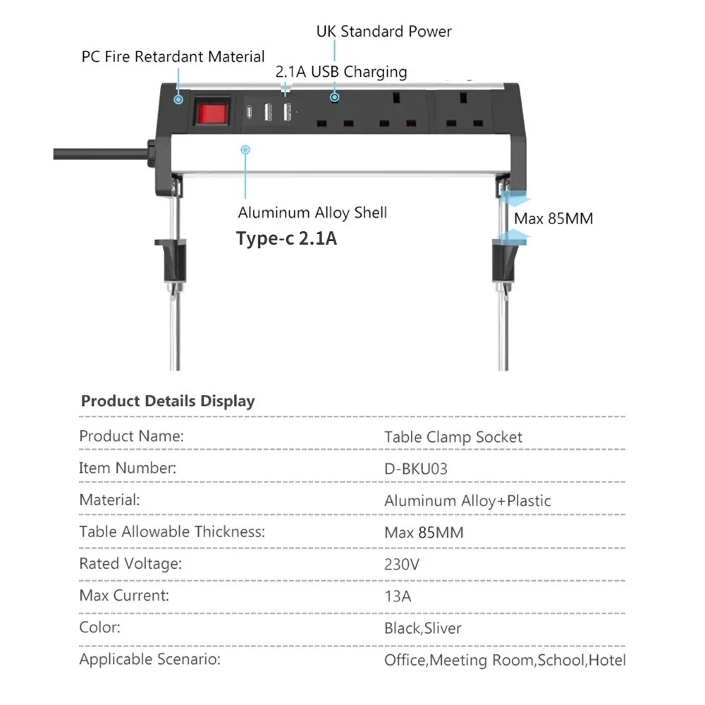 Melery Table Clip Power Strip Clamp British Sockets USB Type-c ...