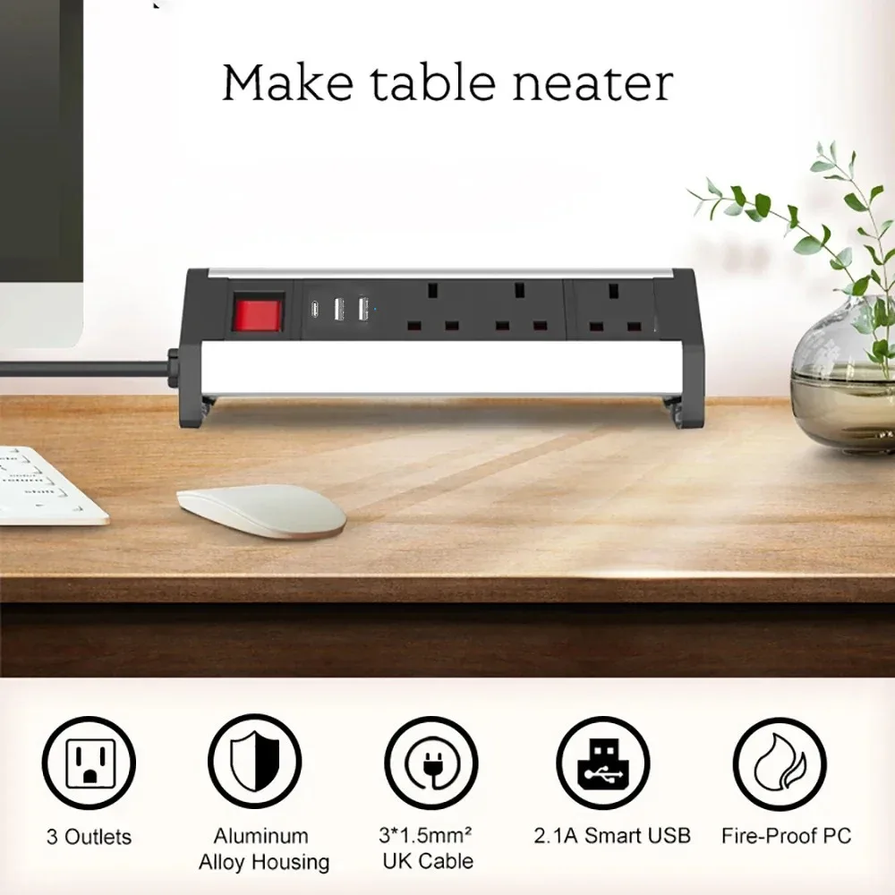 Melery Table Clip Power Strip Clamp British Sockets USB Type-c ...