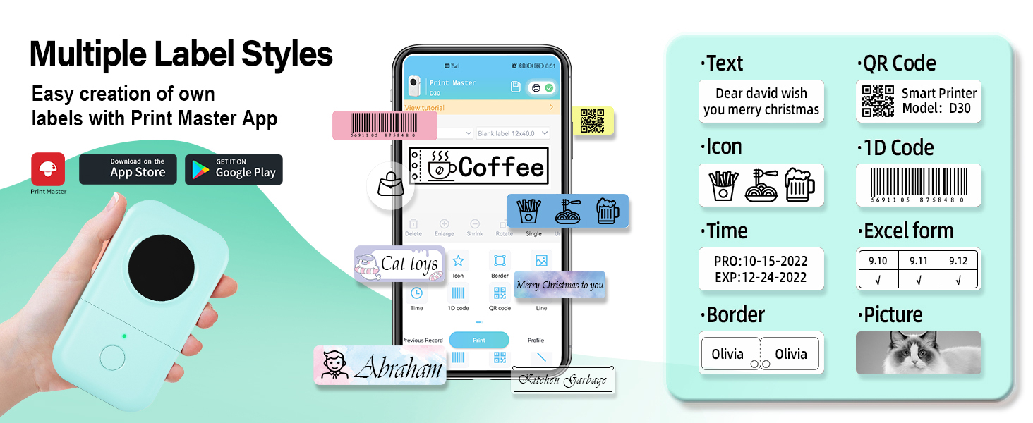 Phomemo D30 Mini Bluetooth Thermal Label Printer,Portable Inkless ...