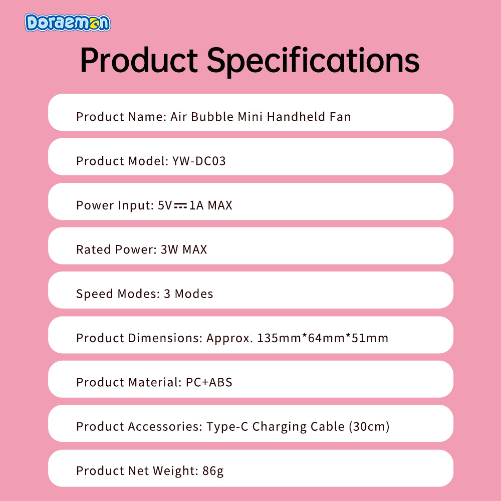 Rock Space Doraemon Air Bubble Mini Handheld Fan Rechargable 3 Speeds ...