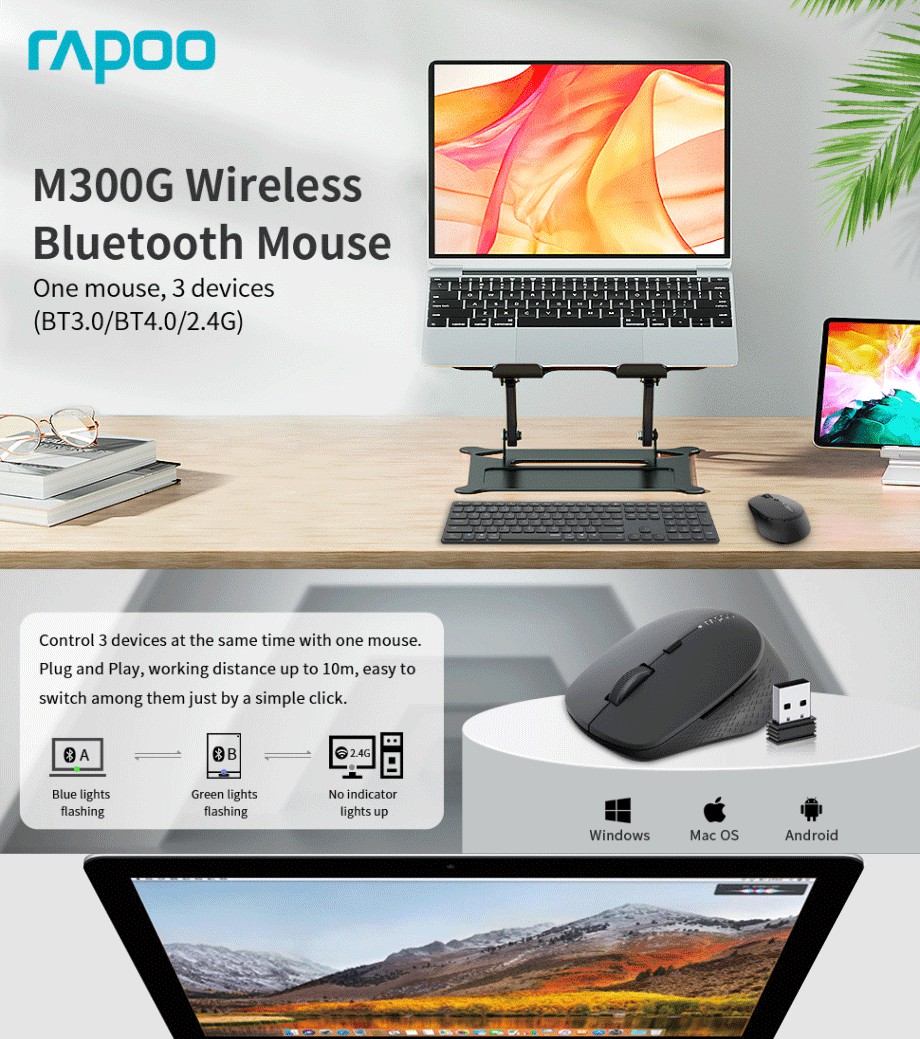 Rapoo M300G/M275 Multi-mode Silent Wireless Mouse with 1600DPI Bluetooth 3.0/4.0 RF 2.4GHz for ...