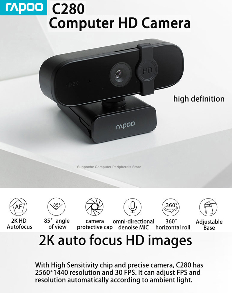 Rapoo C280 Webcam 2K HD With USB2.0 With Mic Rotatable Cameras For Live Broadcast Video Calling ...