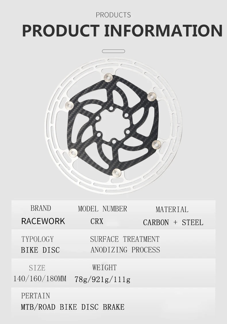 RACEWORK Carbon Fiber Bike Disc Brake Rotor Ultralight 6 Bolts Floating ...