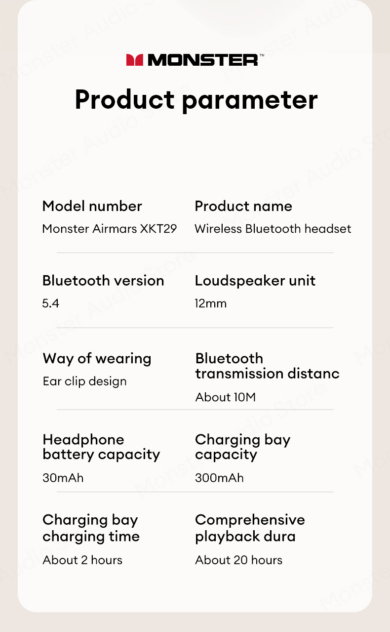 Monster XKT29 Wireless Bluetooth Earphone HD Voice Low Latency Long ...