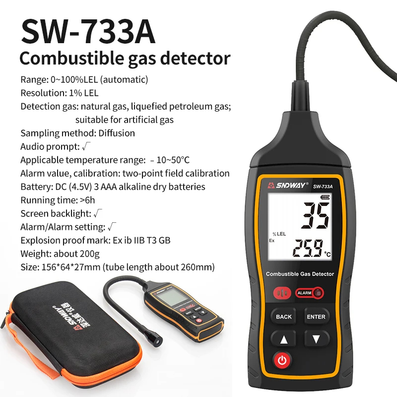 SNDWAY SW-733A Combustible Gas Detector Propane CO Hexane Methane Leak Indicator Port Natural ...