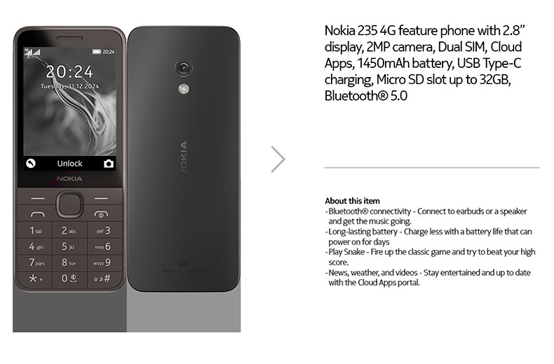 Nokia 235 4G (2024) Phone 2.8 Inches IPS Screen 2MP Camera 1450mAh Type-C Charging Bluetooth 5.0 ...