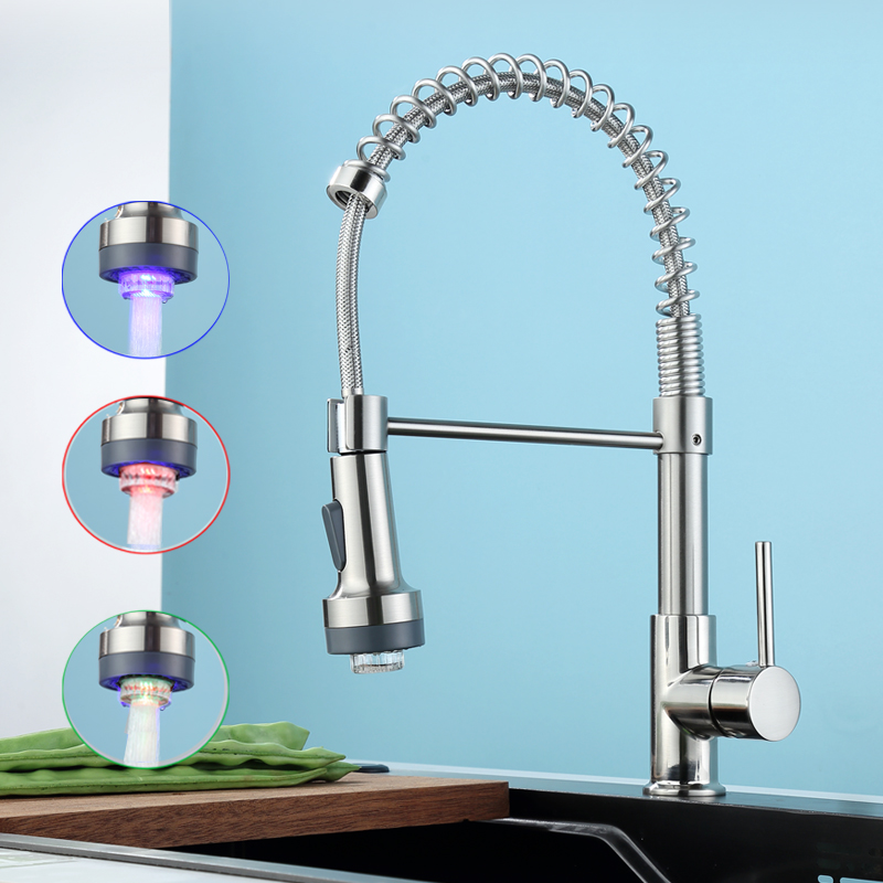 Pull Out Kitchen Faucet Sprayer With LED, Single Handle Spring Kitchen ...
