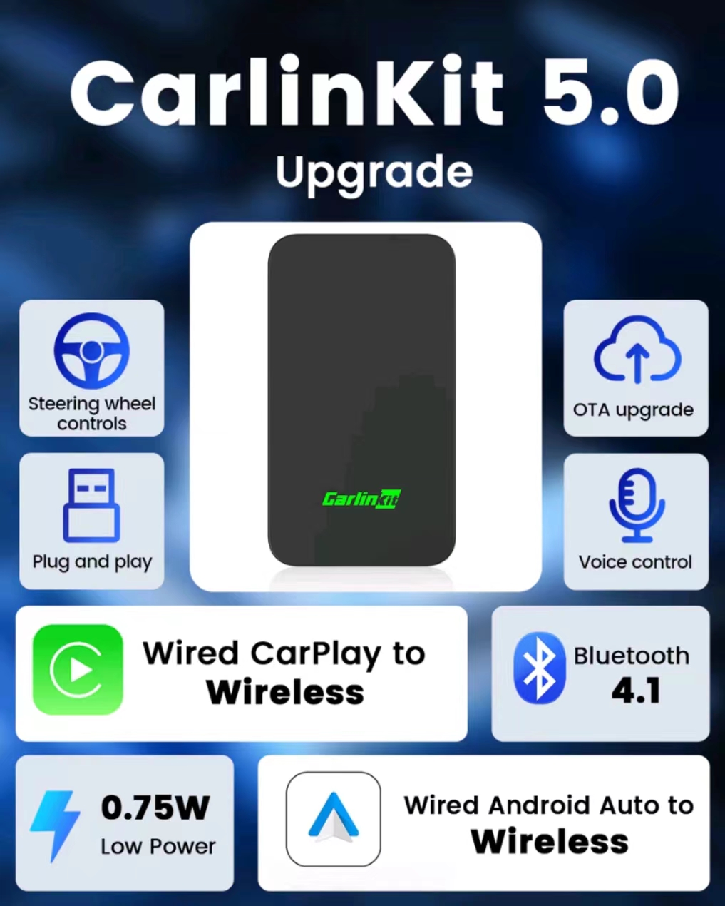 CarlinKit 5.0 New Arrival 2-in-1 dual functions Upgrade wired Apple CarPlay to Wireless CarPlay ...