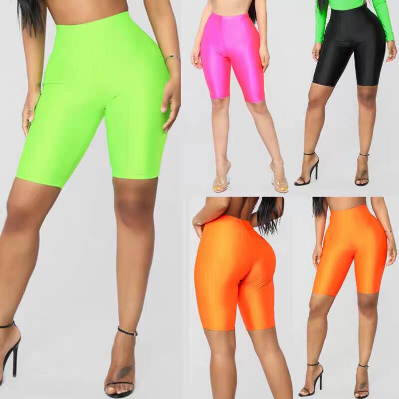 Women's neon skinny shorts with high rise stretch gloss yoga sweatpants ...
