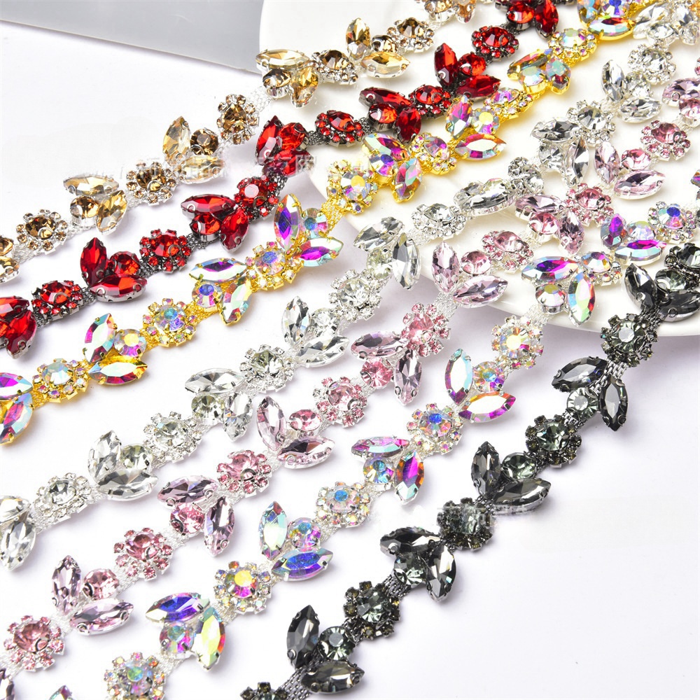 1yard(90cm) Sew on Rhinestone Crystal AB Flower Chain Glass Beads Trim ...