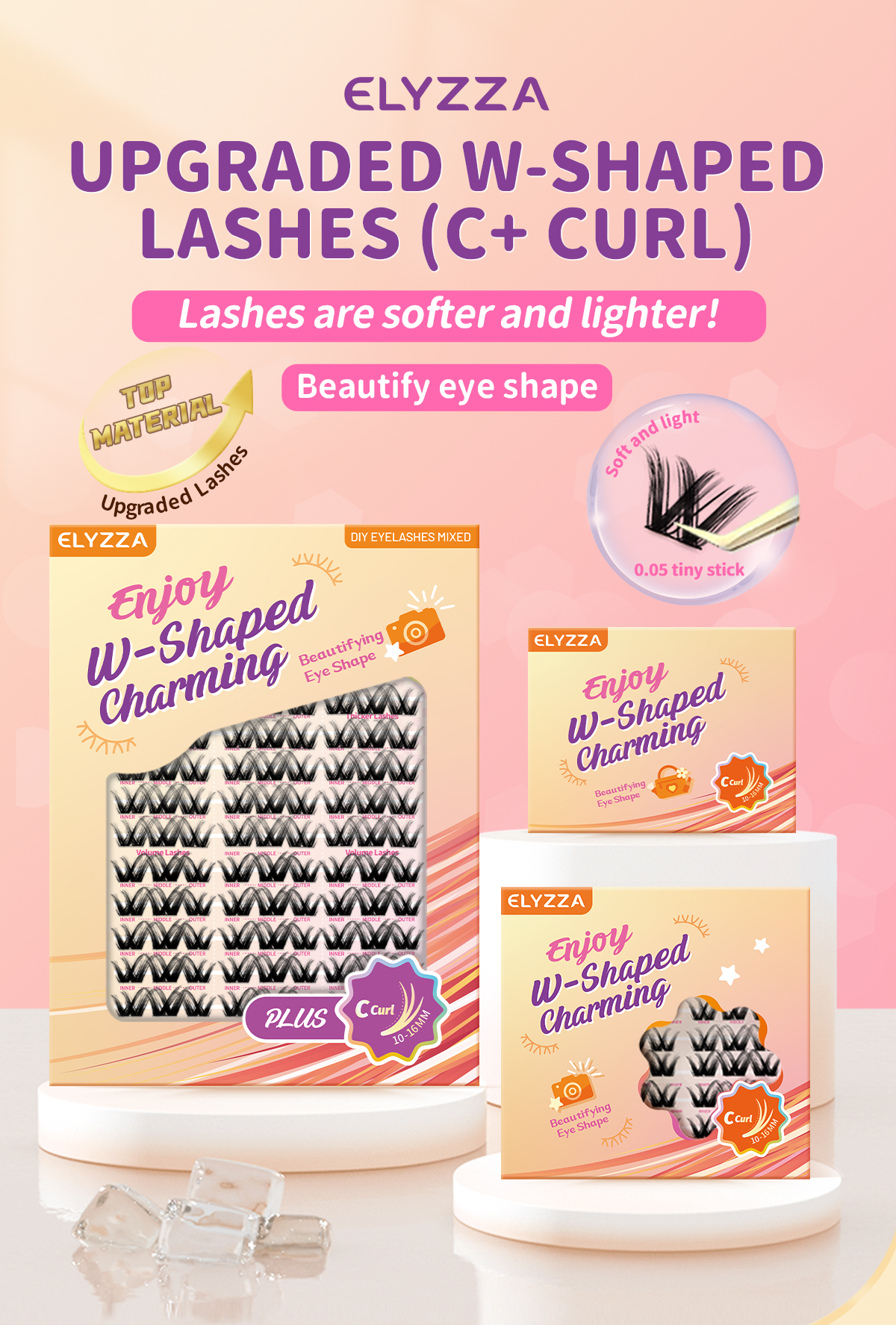 Elyzza W-shaped Eyelashes Extension 4IN1Lash Bond Length 10-16mm C+ ...