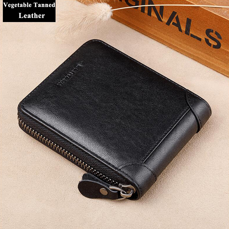 BANYANU Business Men Cowhide Genuine Leather Purse Anti RFID Zip Coin ...