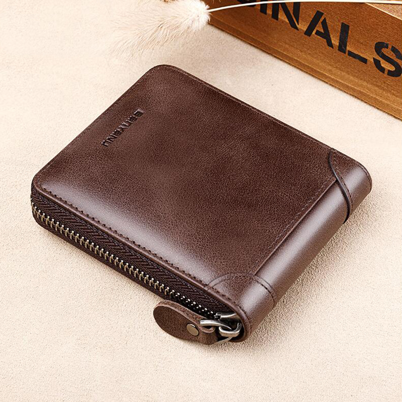 BANYANU Business Men Cowhide Genuine Leather Purse Anti RFID Zip Coin ...