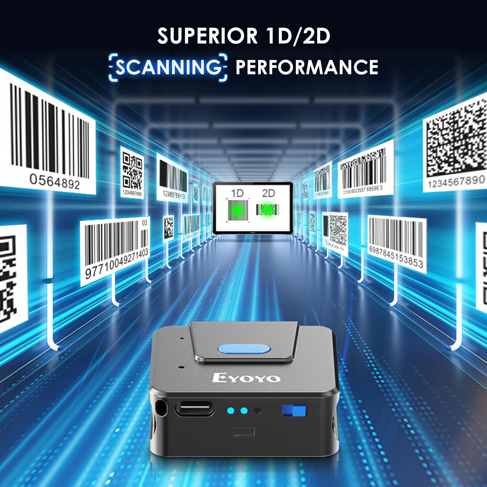 Eyoyo 1D 2D Barcode Scanner Via Bluetooth Wireless QR Code Reader Left ...