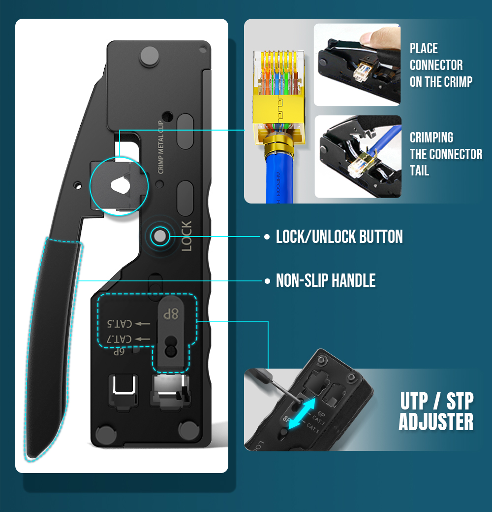 AMPCOM RJ45 Pass Through Crimping Tool Network Tool Kit for Cat5e Cat6 ...