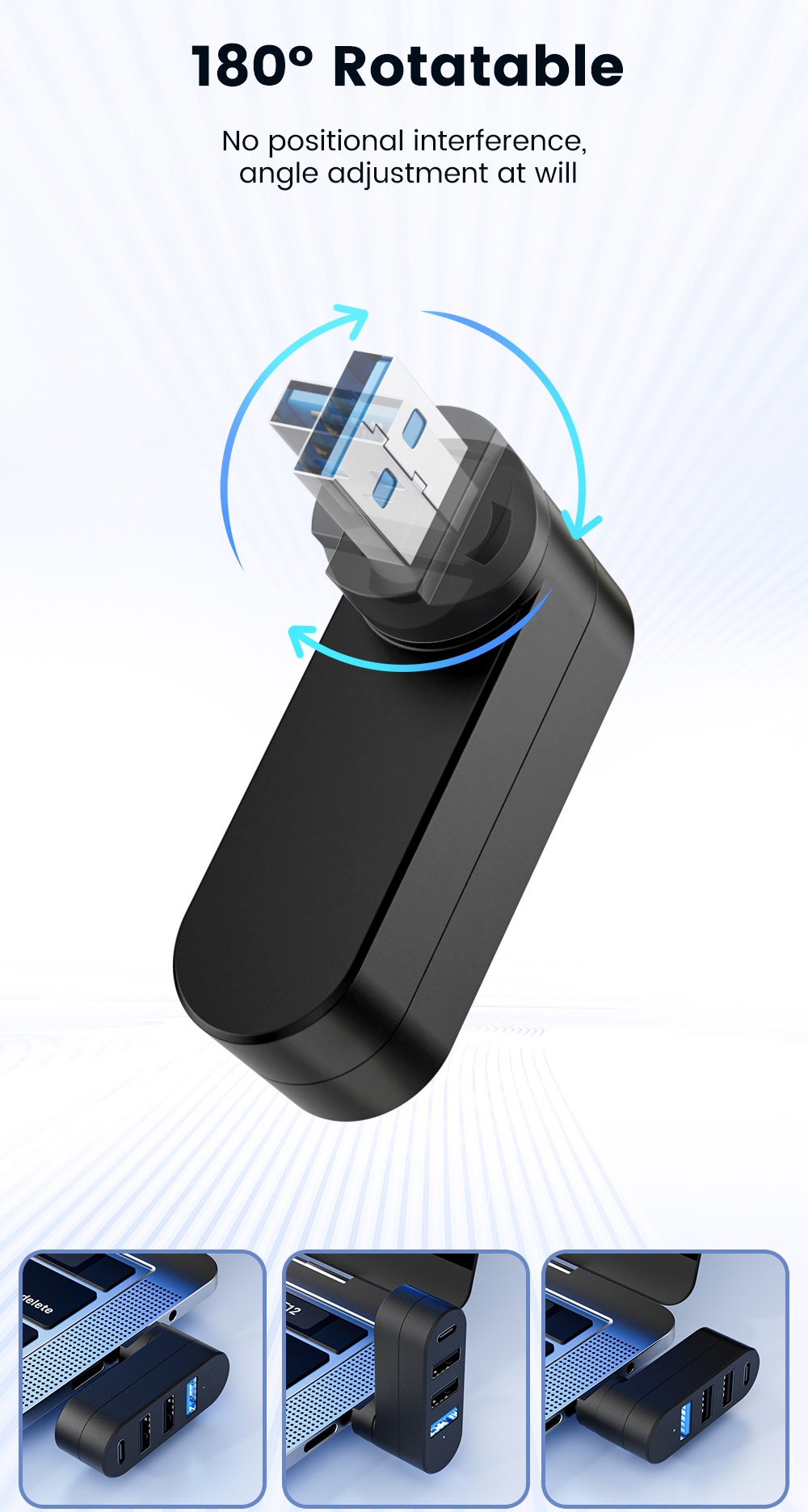 180° Rotatable 4 Ports USB 3.0 2.0 Hub Type C High Speed Data Transfer ...