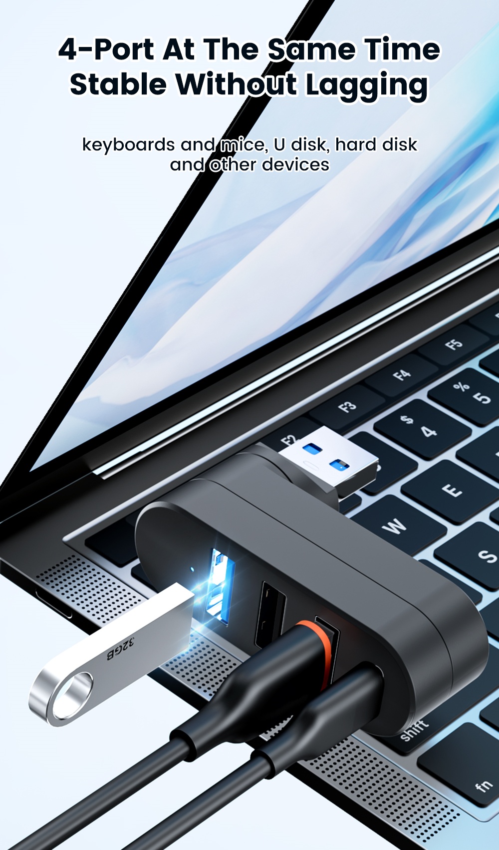 180° Rotatable 4 Ports USB 3.0 2.0 Hub Type C High Speed Data Transfer ...