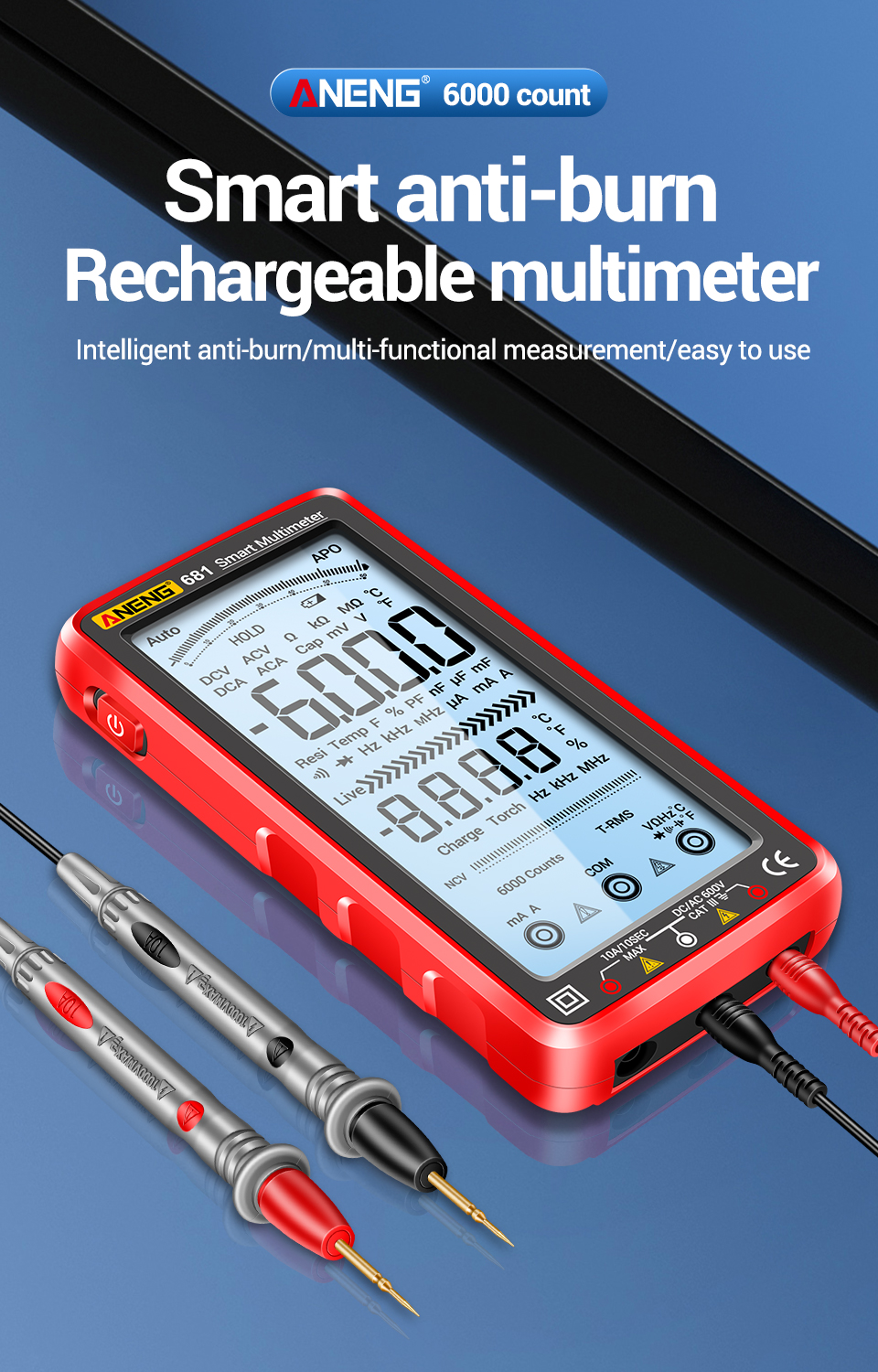 ANENG 681 Non-contact Rechargeable VA Reverse Display Multimeter Auto ...