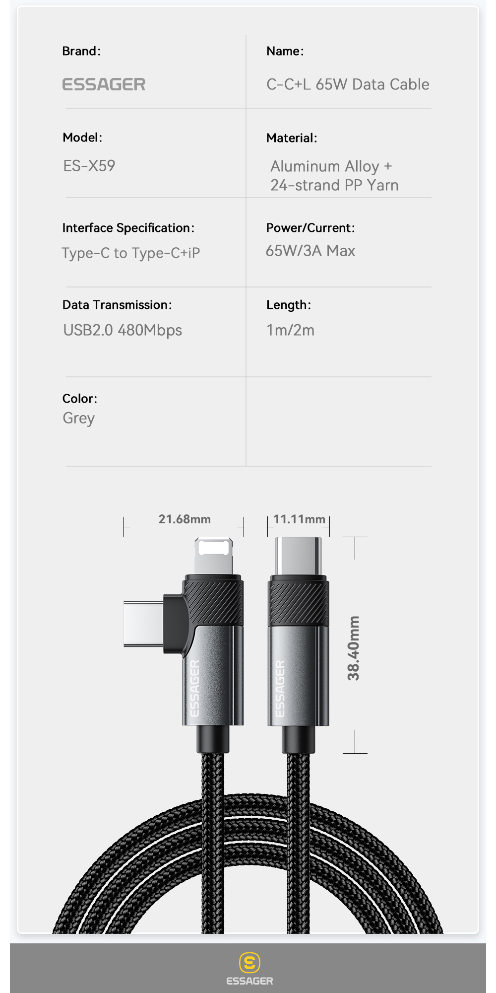 Essager 65W Type C To L+ C Cable 2 in 1 Fast Charging Cord Adapter For ...