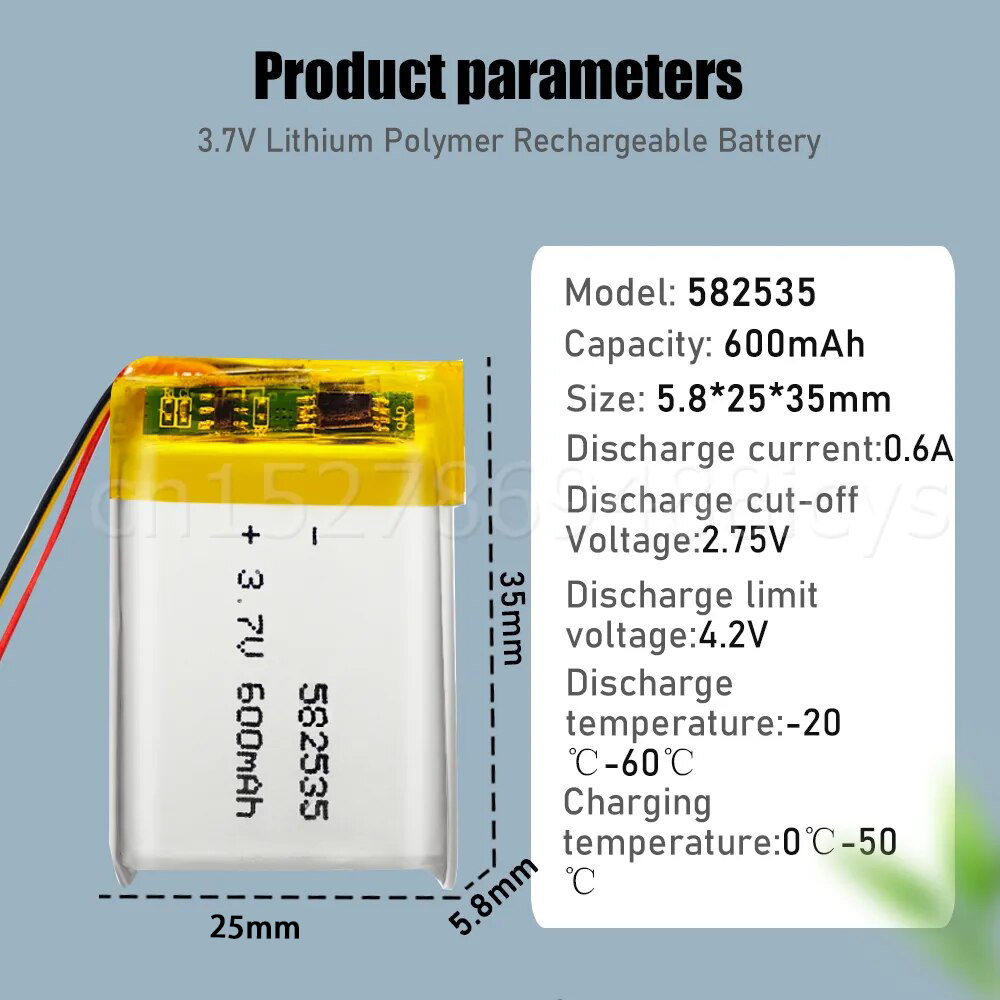 582535 602535 3.7V 600mAh Rechargeable Lithium Polymer Battery Li-ion ...