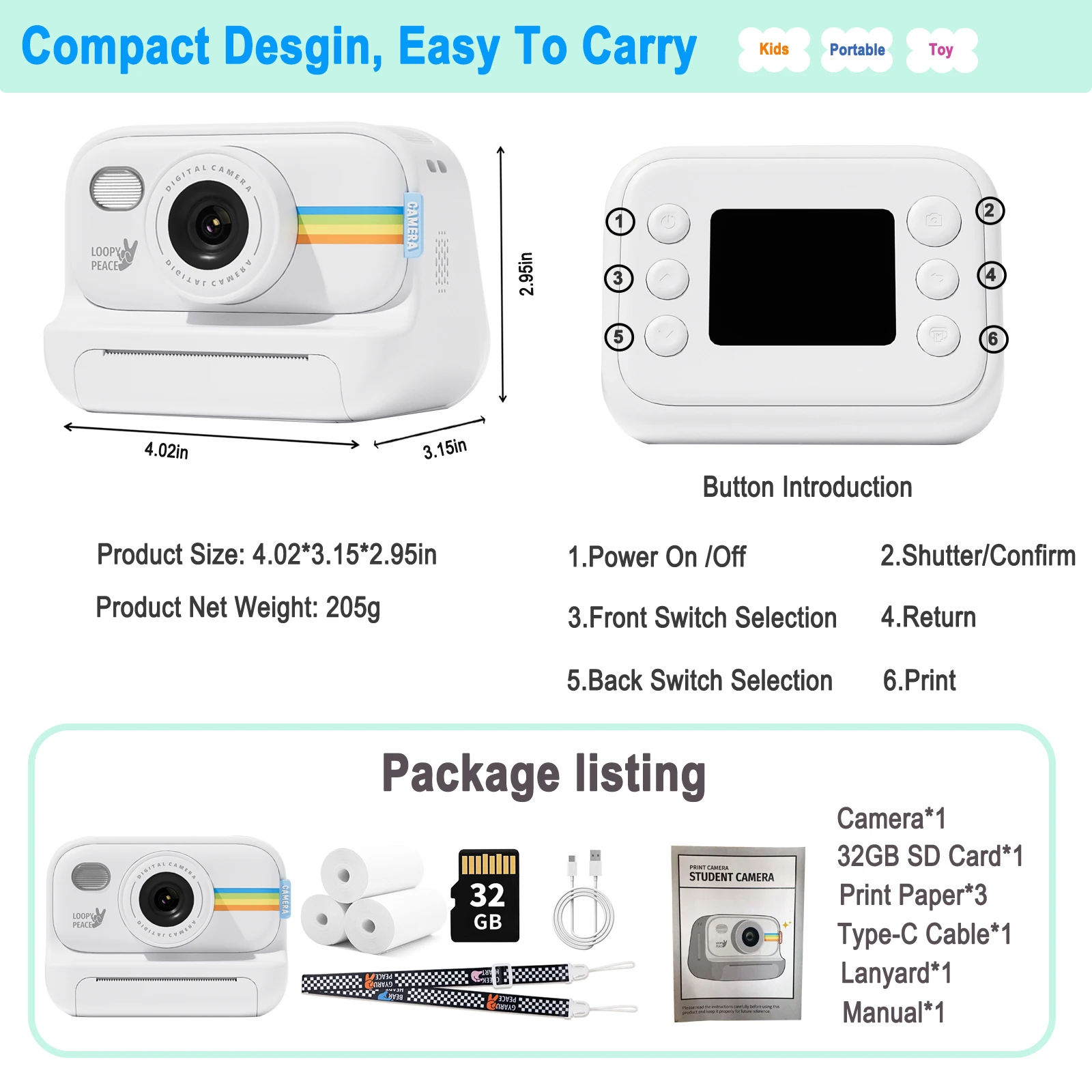 Instant Print Camera for Kids 2.0 Inch Screen Kids Instant Cameras ...