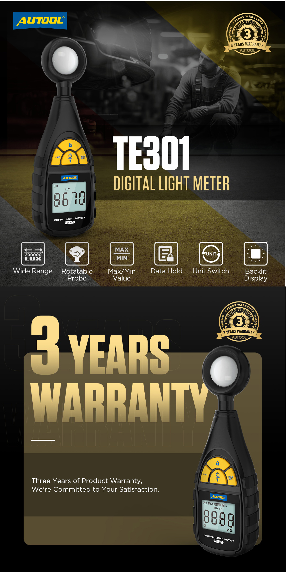 AUTOOL TE301 Digital light meter Digital LED Lux Meter Handheld ...