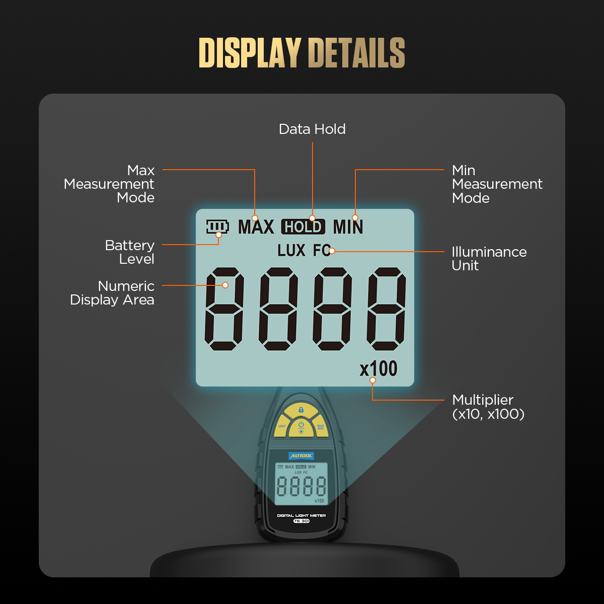 AUTOOL TE301 Digital light meter Digital LED Lux Meter Handheld ...