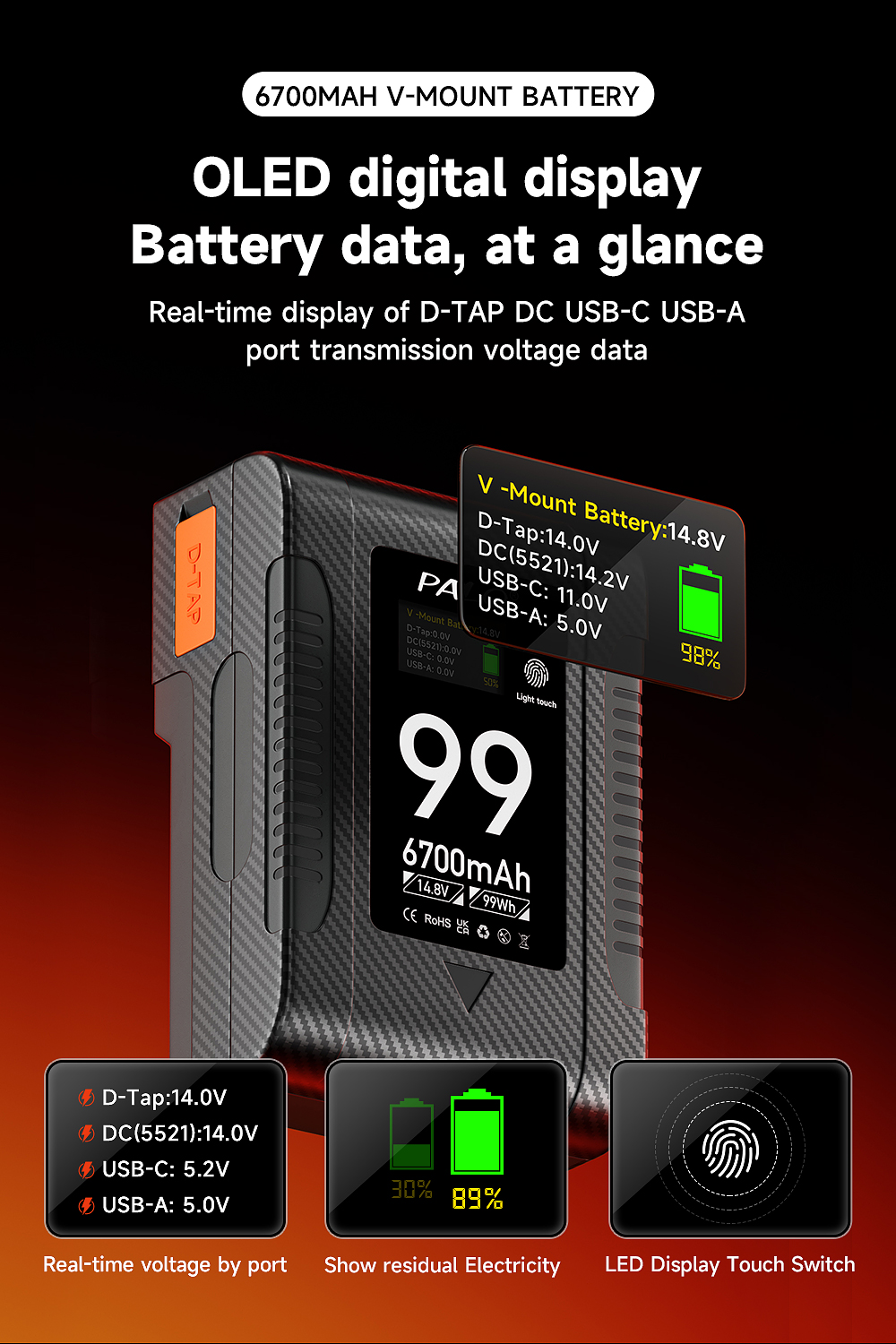 PALO V Mount Replacement Battery BP-99 V-Lock battery 6700mAh Type-C USB Micro Fast Charging V ...